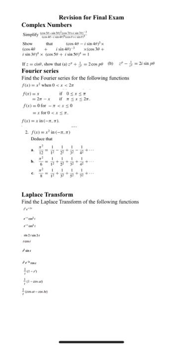 Revision for Final Exam Complex Numbers If z= cisit, | Chegg.com