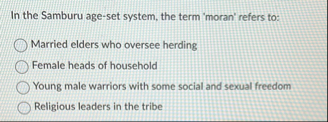 [Solved]: In the Samburu age-set system, the term 'moran