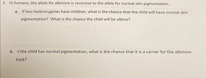 Solved 3. In humans, the allele for albinism is recessive to | Chegg.com
