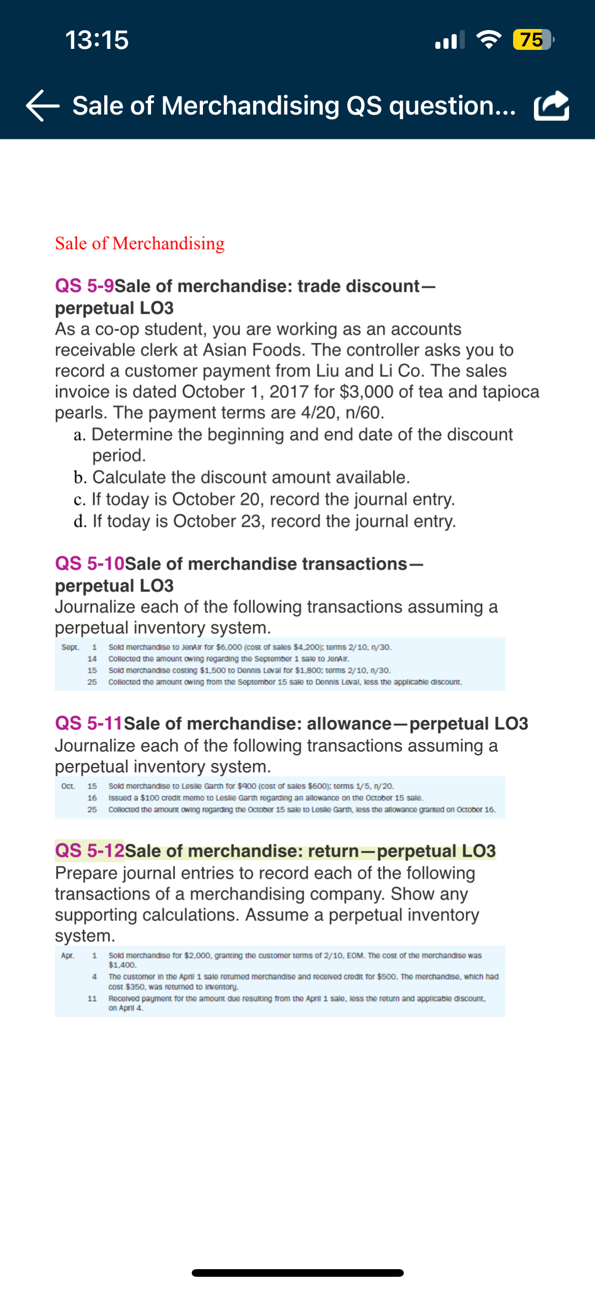 Solved 13:15.75Sale of Merchandising QS question...Sale of | Chegg.com