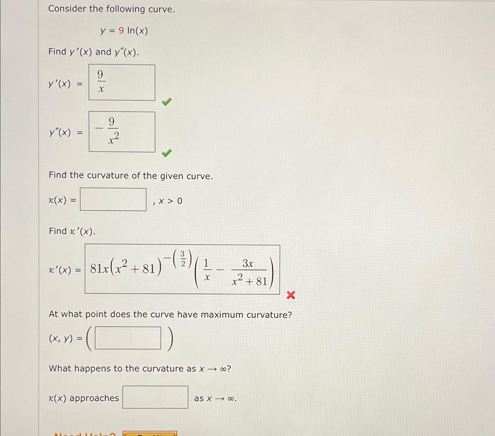 Solved Consider the following curve.y=9ln(x)Find y'(x) ﻿and | Chegg.com