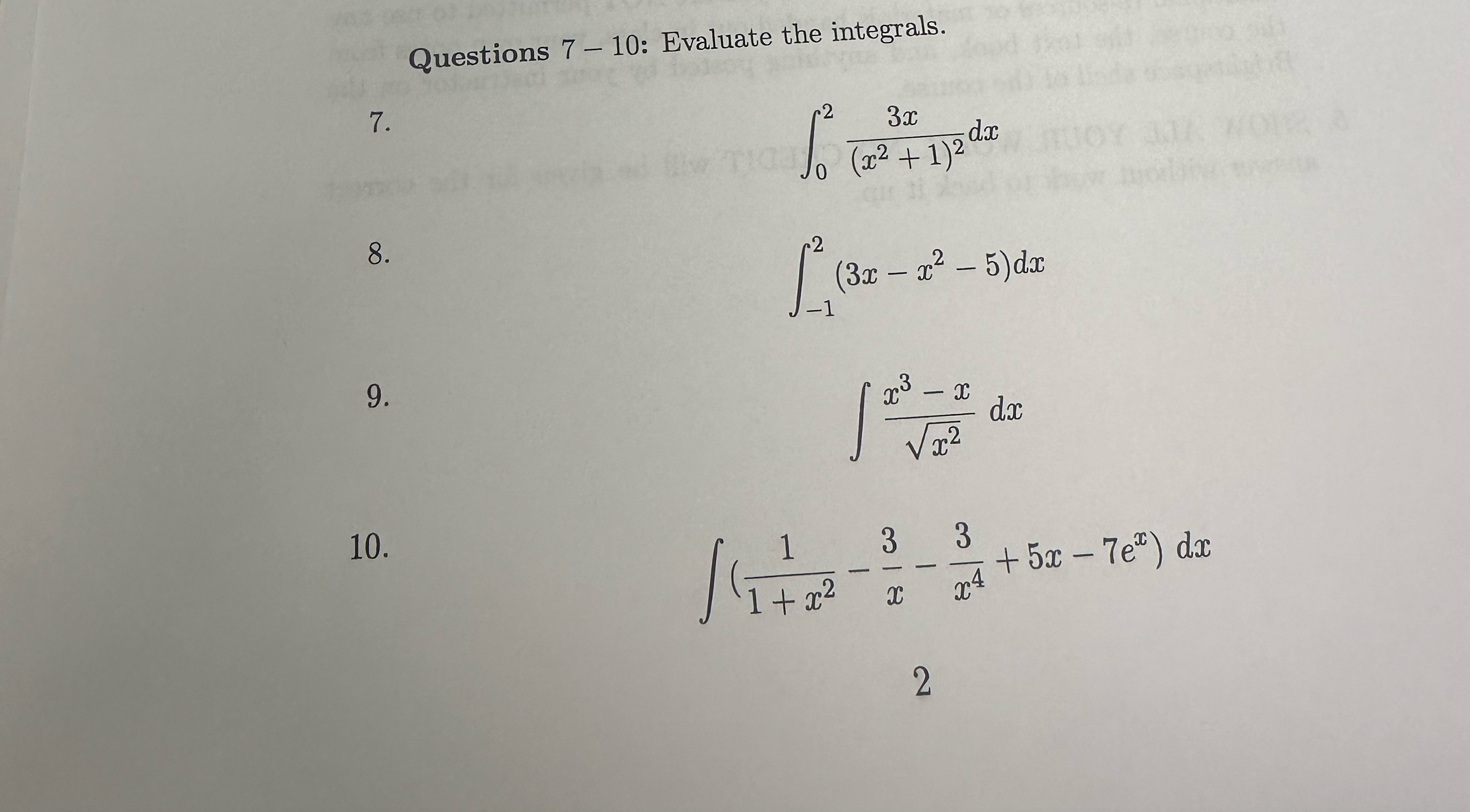 Solved Questions 7-10 ﻿: Evaluate the | Chegg.com