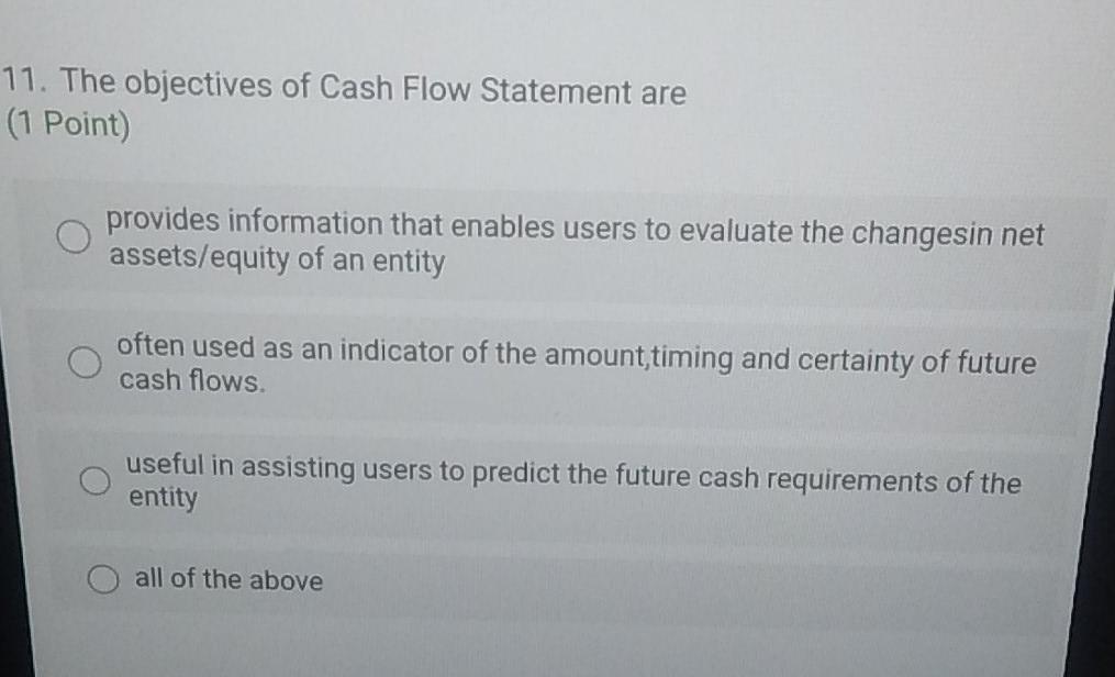 Solved 11. The objectives of Cash Flow Statement are (1 | Chegg.com