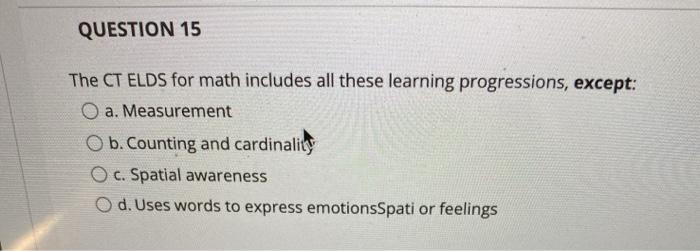 Solved QUESTION 15 The CT ELDS for math includes all these | Chegg.com