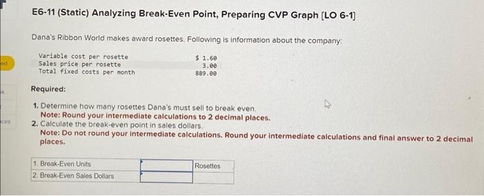 Solved E6-11 (Static) Analyzing Break-Even Point, Preparing | Chegg.com
