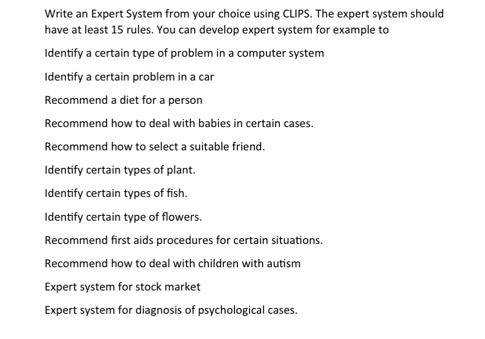 Solved Write an Expert System from your choice using CLIPS. | Chegg.com