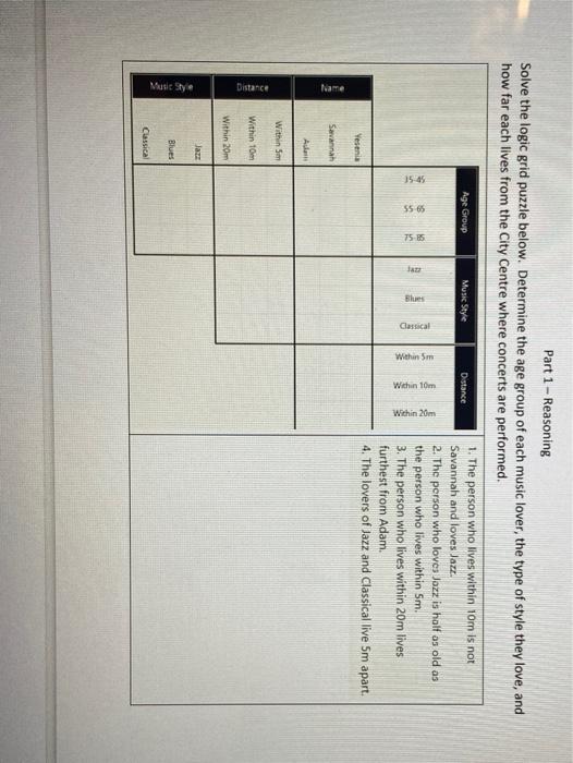 Solved Part 1 - Reasoning Solve the logic grid puzzle below. | Chegg.com