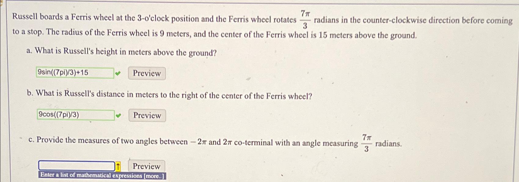 Solved Russell boards a Ferris wheel at the 3-o'clock | Chegg.com
