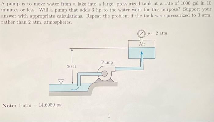 Solved A pump is to move water from a lake into a large, | Chegg.com