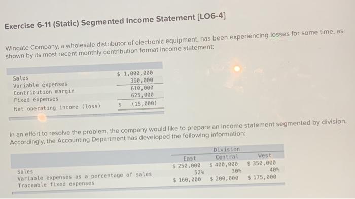 Solved Exercise 6-11 (Static) Segmented Income Statement | Chegg.com