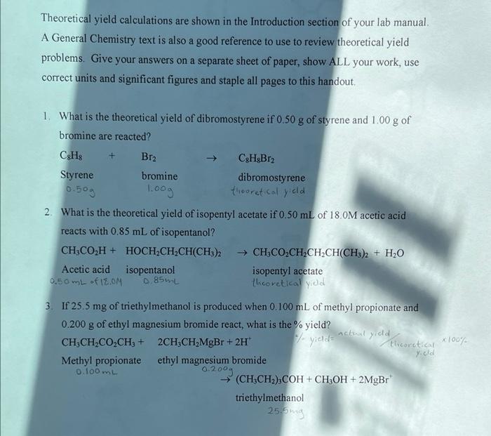 Solved Theoretical yield calculations are shown in the | Chegg.com
