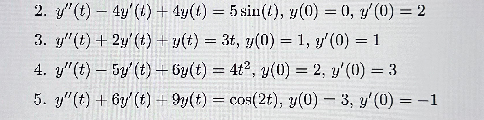 Solved y''(t)-4y'(t)+4y(t)=5sin(t),y(0)=0,y'(0)=2y''(t)+2y'( | Chegg.com