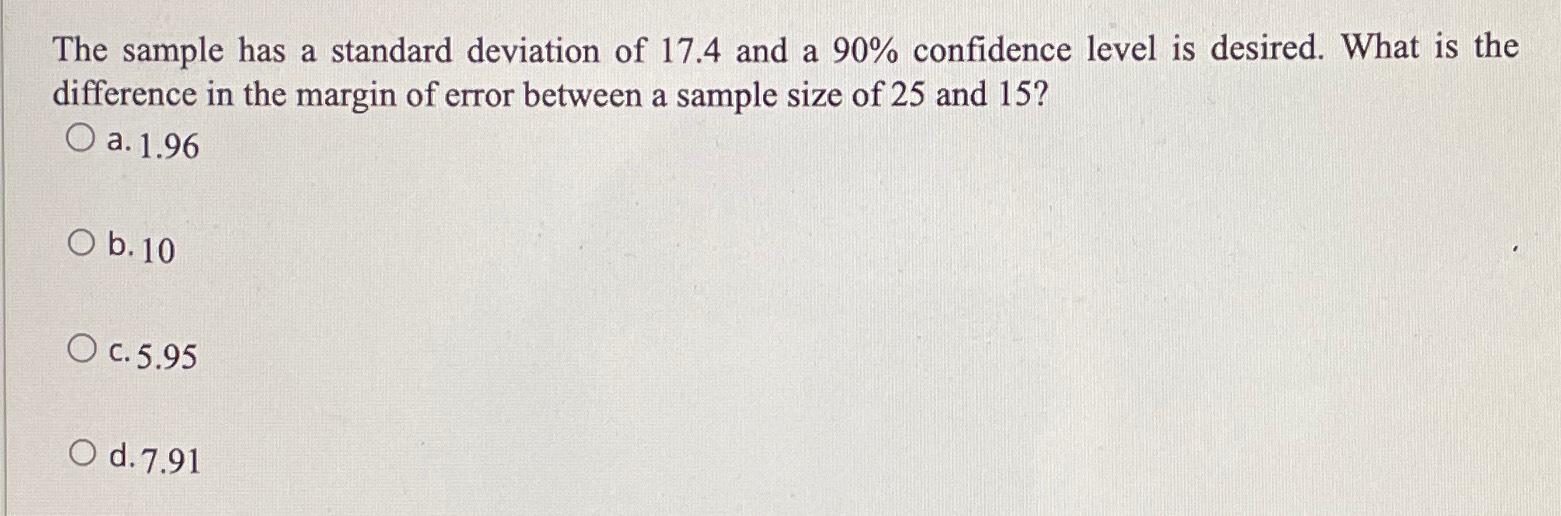 Solved The sample has a standard deviation of 17.4 ﻿and a | Chegg.com