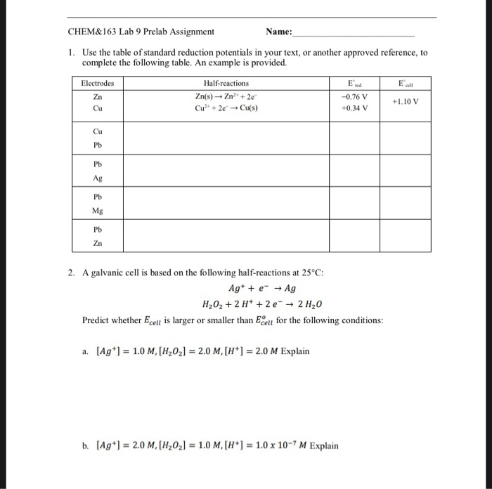 Solved CHEM&163 Lab 9 Prelab Assignment Name: 1. Use the | Chegg.com