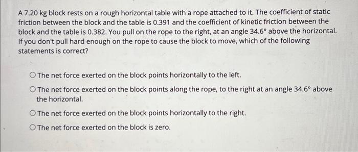 Solved A 7.20 kg block rests on a rough horizontal table | Chegg.com