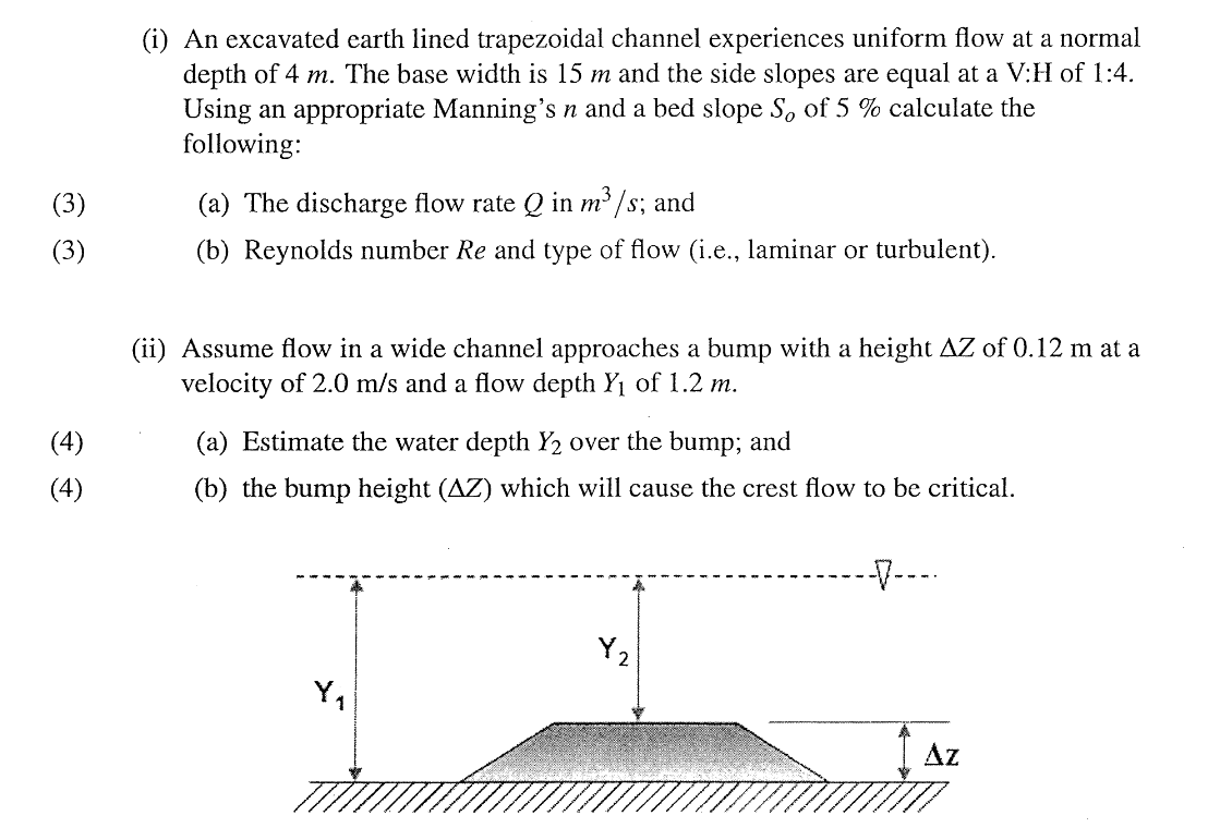 Solved (i) ﻿An excavated earth lined trapezoidal channel | Chegg.com