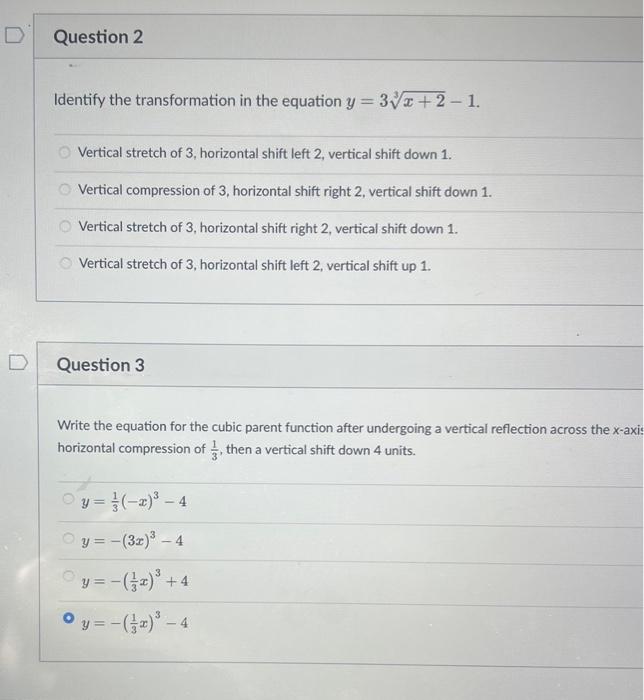 Solved Identify the transformation in the equation y=33x+2−1 | Chegg.com