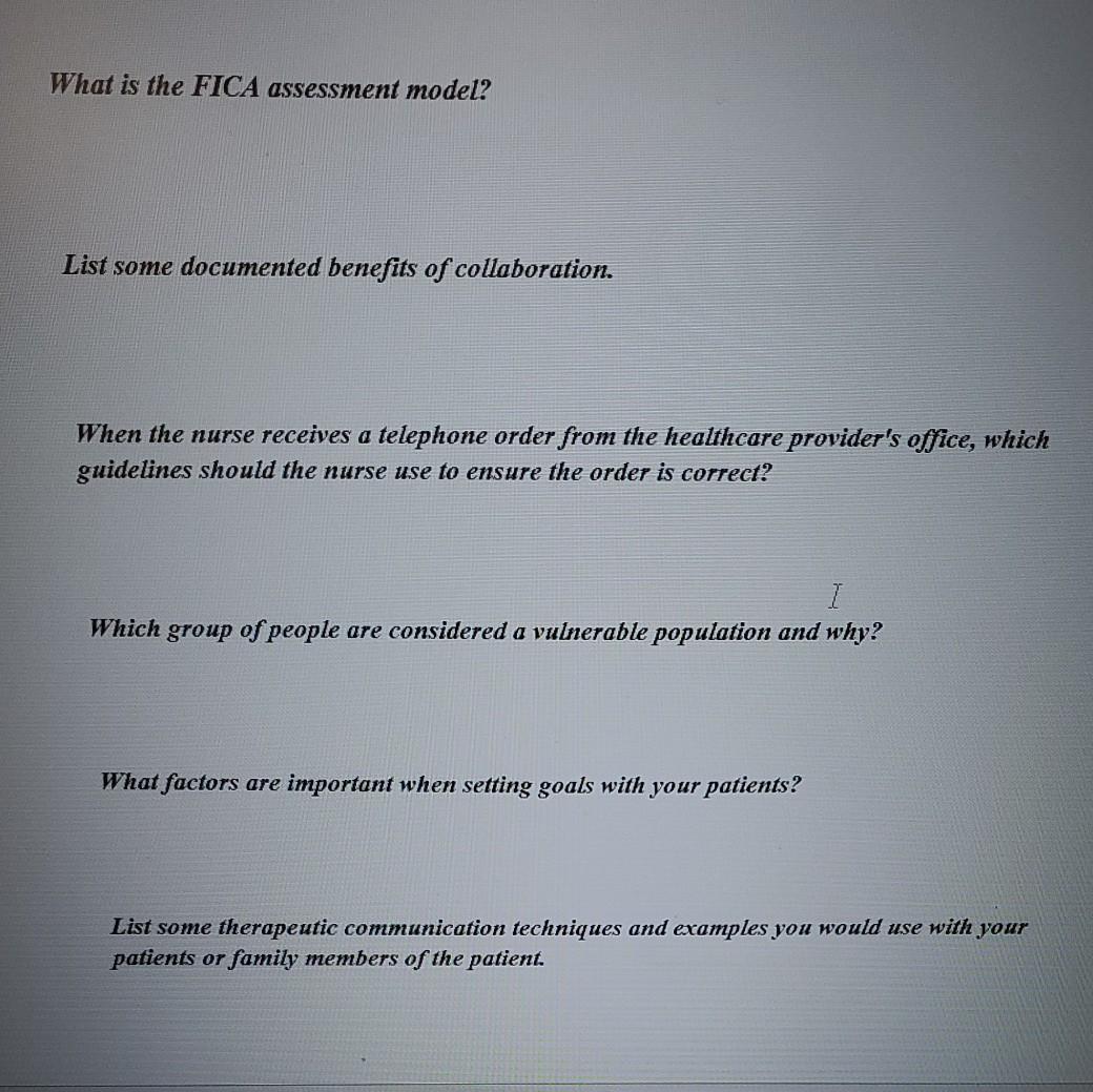 Solved What is the FICA assessment model? List some | Chegg.com