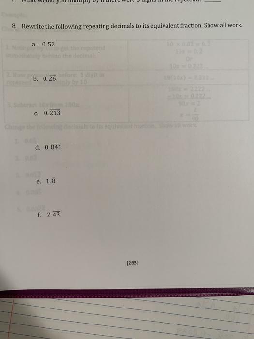 Solved 8. Rewrite the following repeating decimals to its | Chegg.com