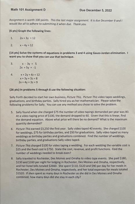 Solved Math 101 Assignment D Due December 5, 2022 Assignment | Chegg.com