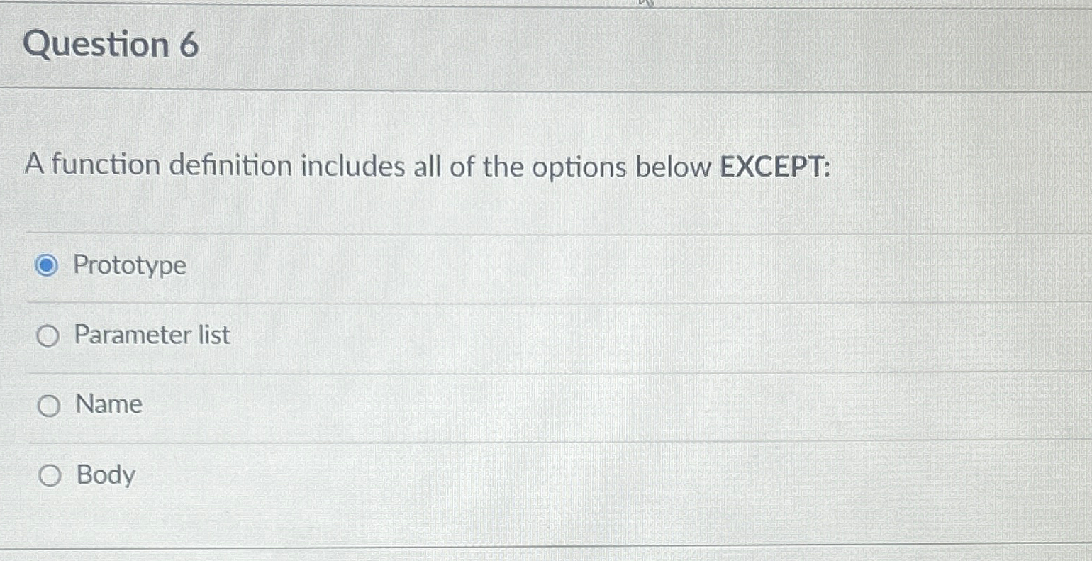 Solved Question 6A function definition includes all of the | Chegg.com