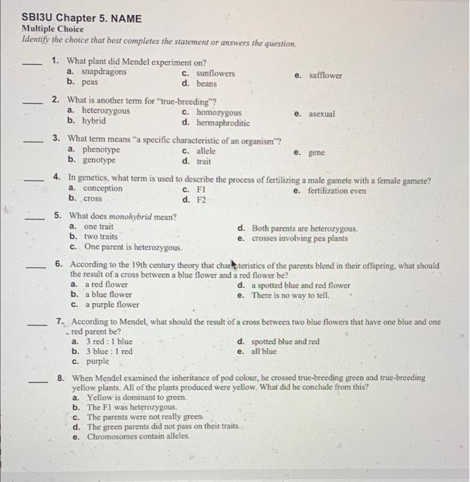 Solved SBI3U Chapter 5. NAME Multiple Choice Identify the | Chegg.com