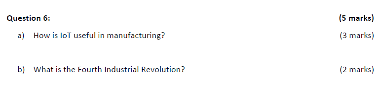Solved Question 6:(5 ﻿marks)a) ﻿How is loT useful in | Chegg.com