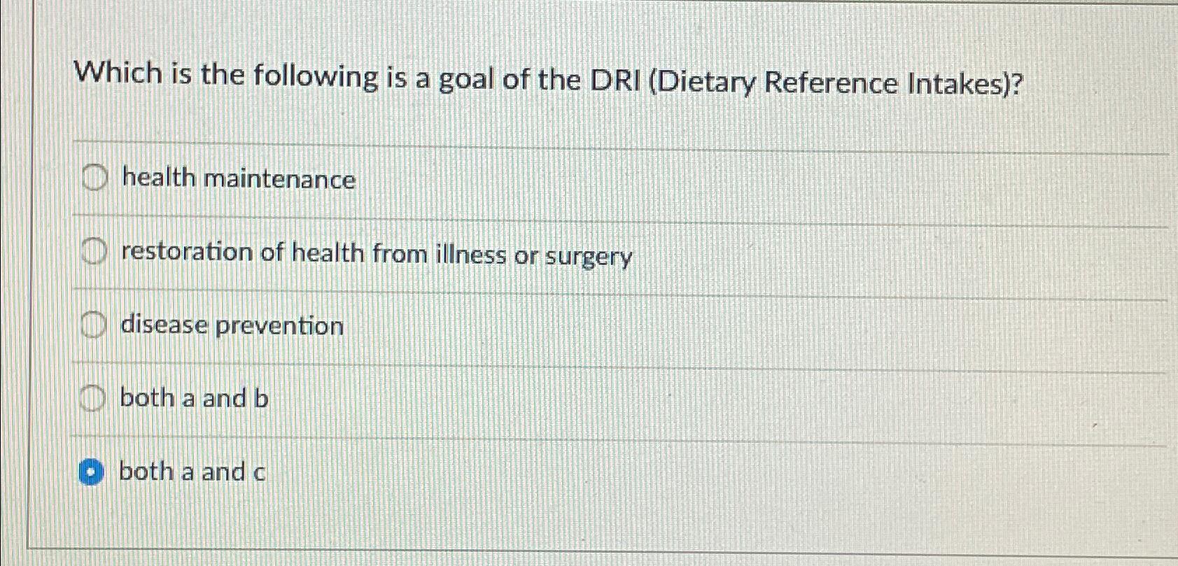 Solved Which is the following is a goal of the DRI (Dietary | Chegg.com