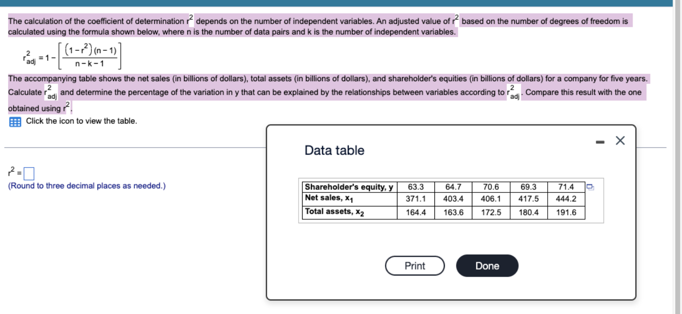 Solved The calculation of the coefficient of determination | Chegg.com