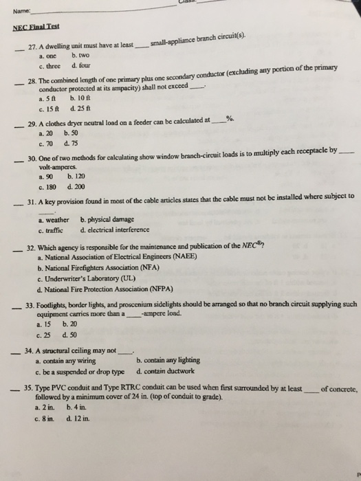 Solved Name: NEC Final Test - 27. A dwelling unit must have | Chegg.com