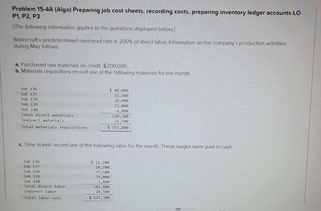 Solved Problem 15-4A (Algo) Preparing job cost sheets, | Chegg.com