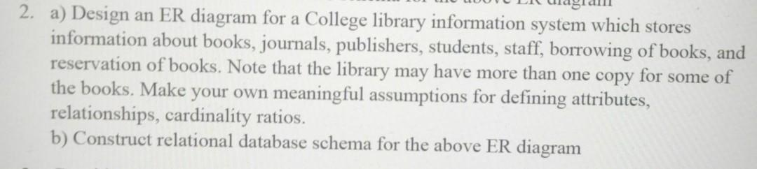 Solved 2. a) Design an ER diagram for a College library | Chegg.com