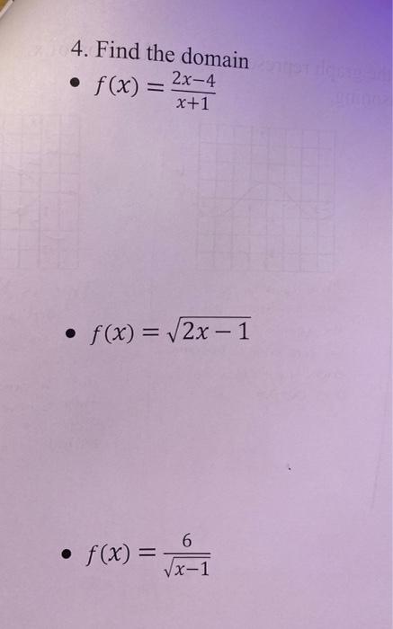 Solved 4. Find the domain f(x)=x+12x−4 f(x)=2x−1 f(x)=x−16 | Chegg.com