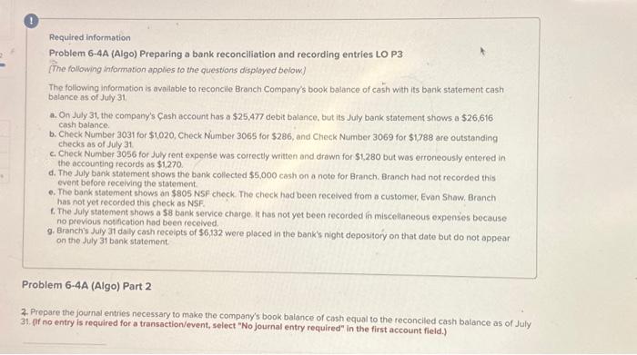 Solved Required information Problem 6.4A (Algo) Preparing a | Chegg.com