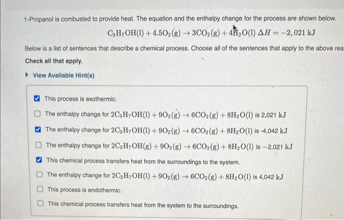 Solved 1-Propanol is combusted to provide heat. The equation | Chegg.com