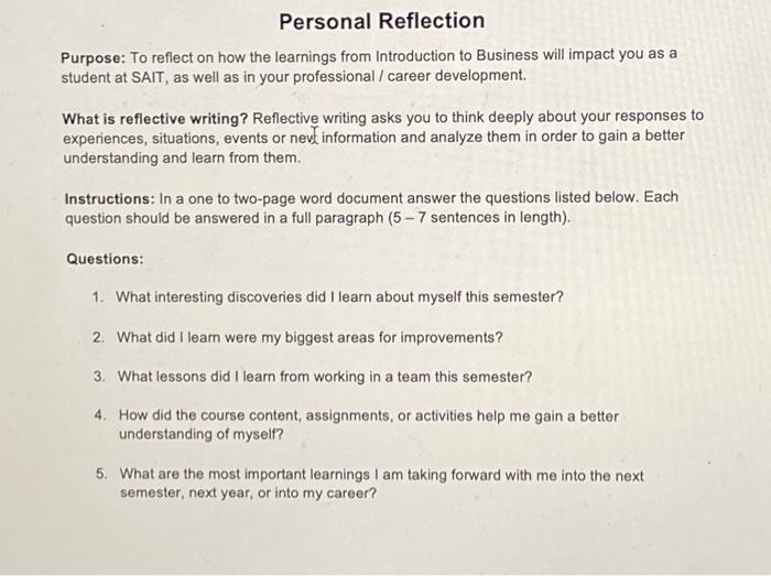 Solved Personal Reflection Purpose: To reflect on how the | Chegg.com