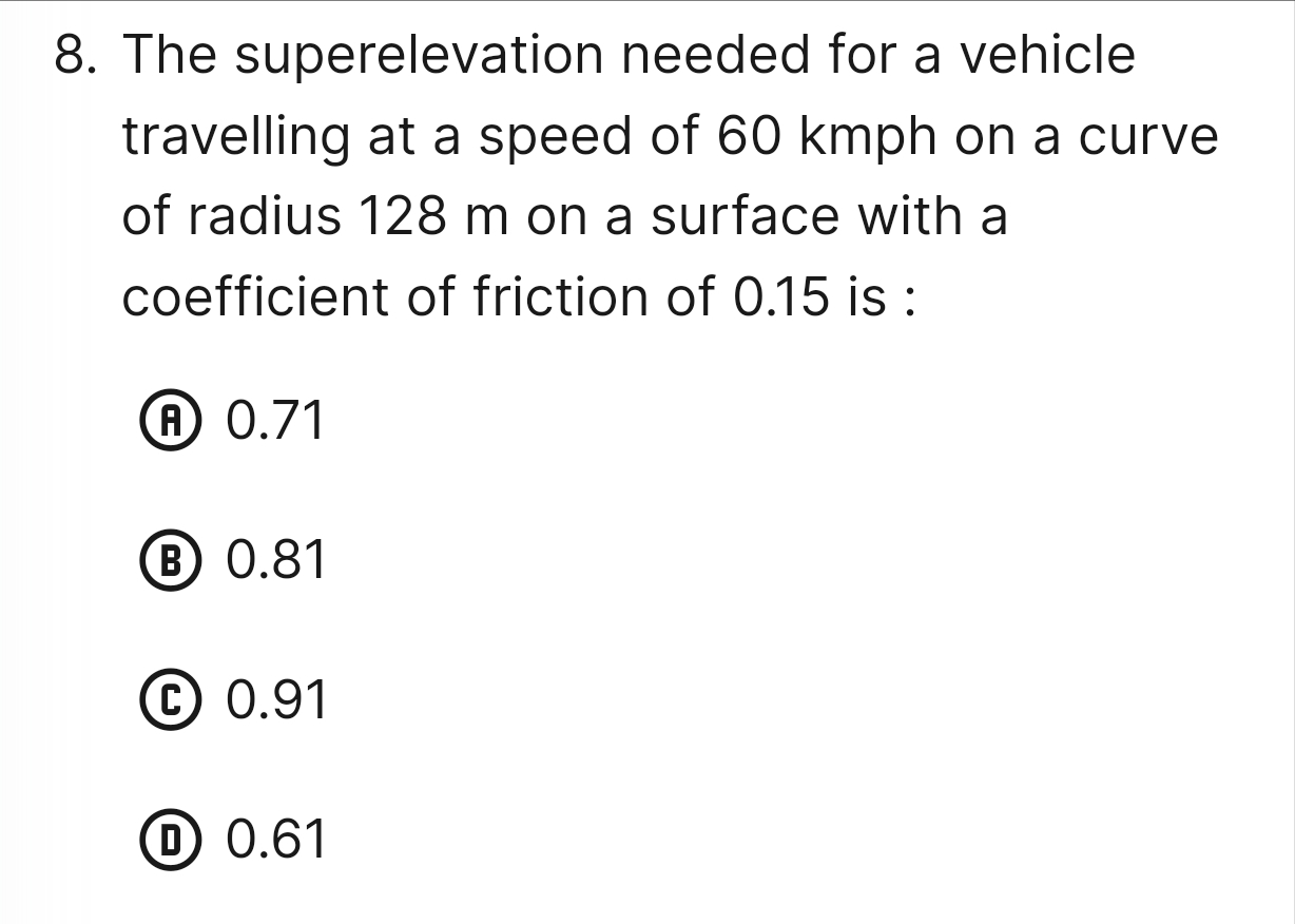 Solved The superelevation needed for a vehicle travelling at | Chegg.com