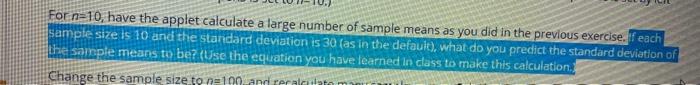 Solved For n=10, have the applet calculate a large number of | Chegg.com
