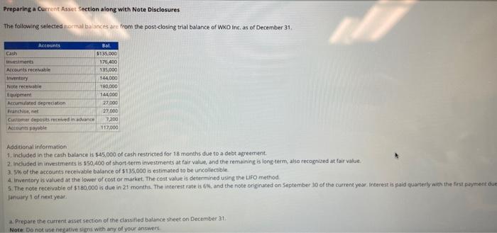 Solved Preparing a Current Asset Section along with Note | Chegg.com