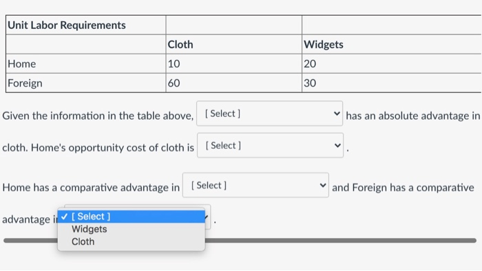 Solved Unit Labor Requirements Cloth Widgets 20 10 Home | Chegg.com