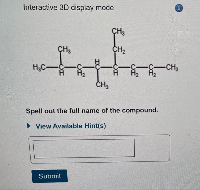 Solved Interactive 3D display mode i CH3 H,C— UI -CH3 Spell | Chegg.com