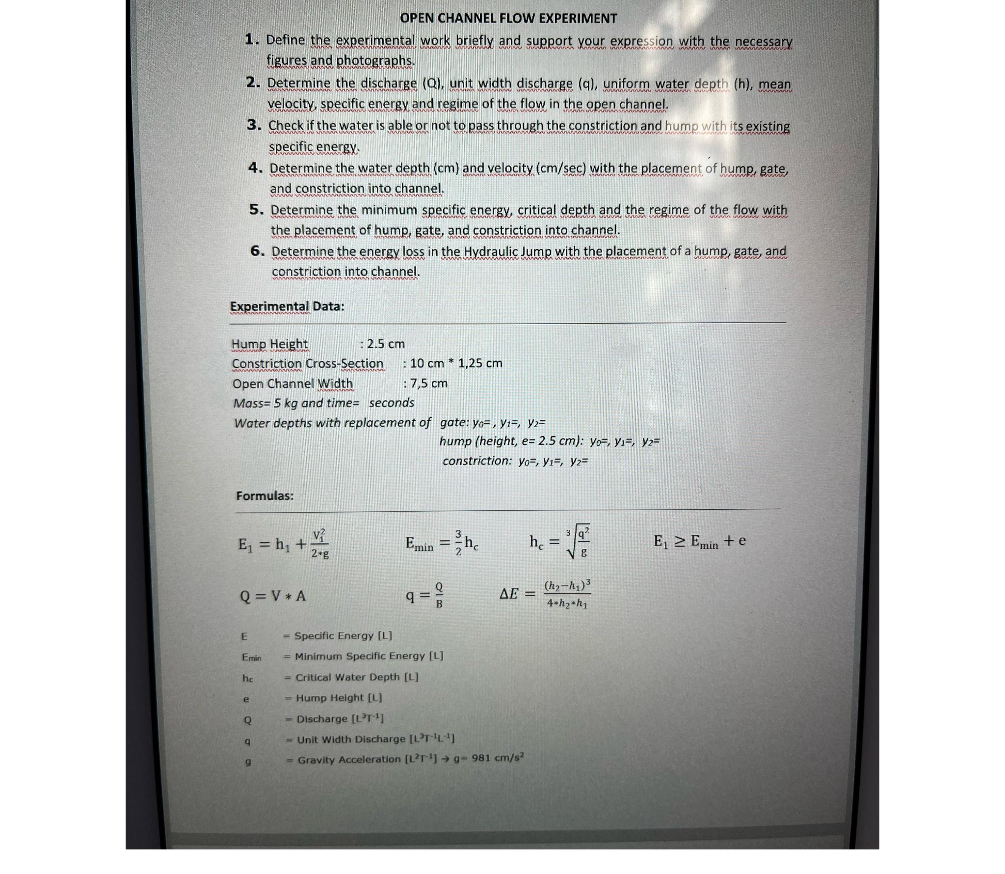 OPEN CHANNEL FLOW EXPERIMENTDefine the experimental | Chegg.com