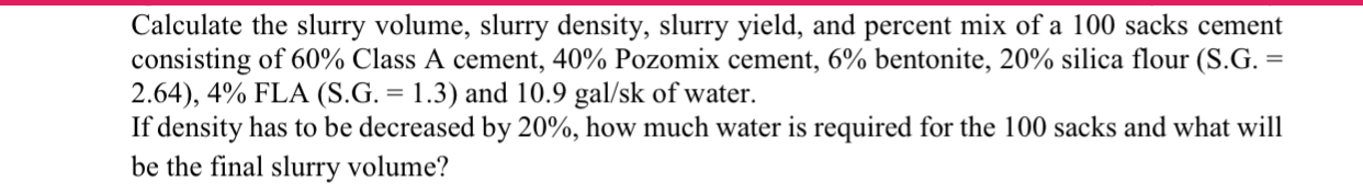 Calculate the slurry volume, slurry density, slurry | Chegg.com