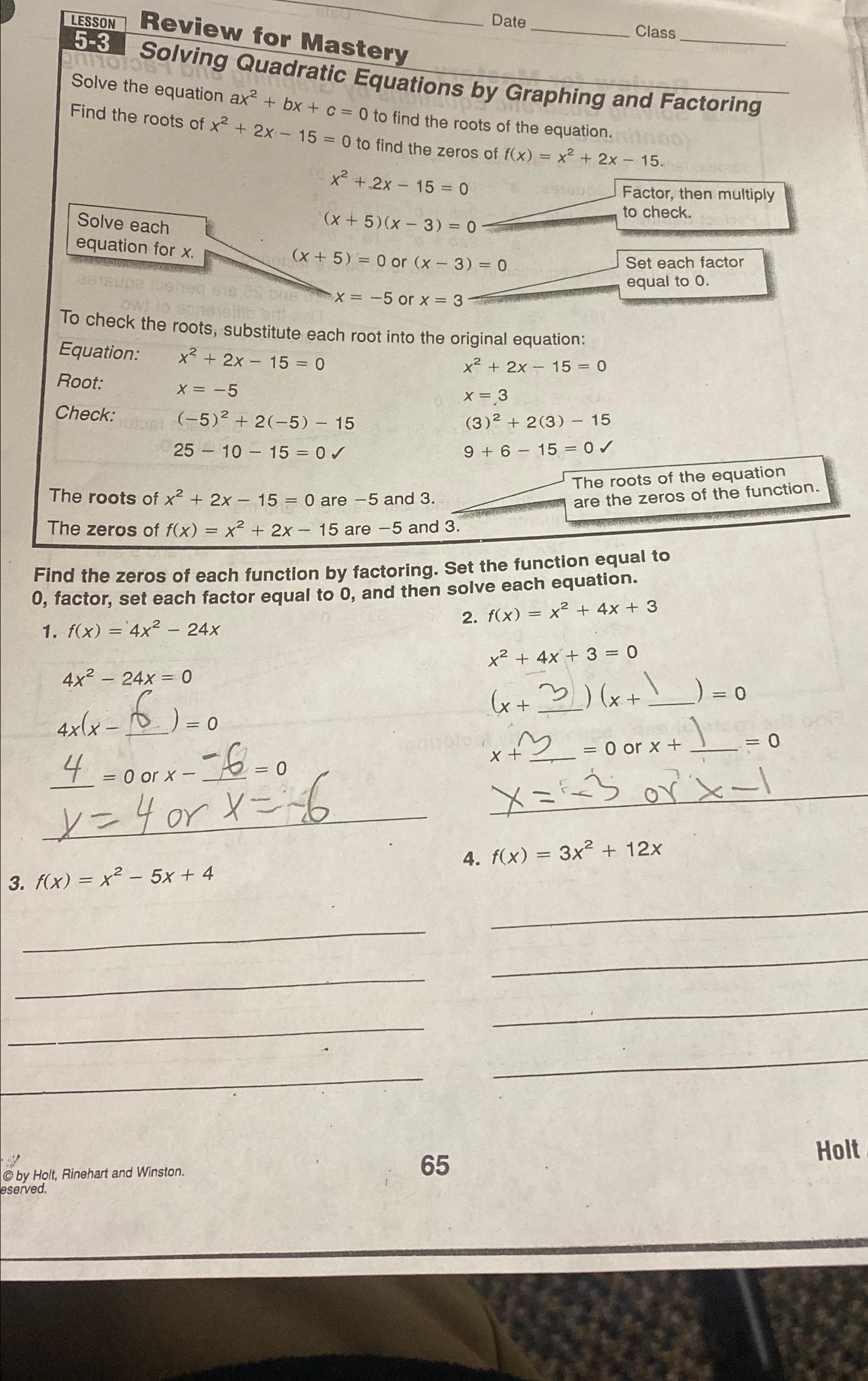 Solved LESSONReview for MasteryDate5-3Solving Quadratic | Chegg.com