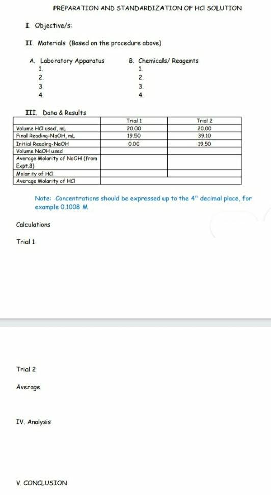 PREPARATION AND STANDARDIZATION OF HCI SOLUTION | Chegg.com
