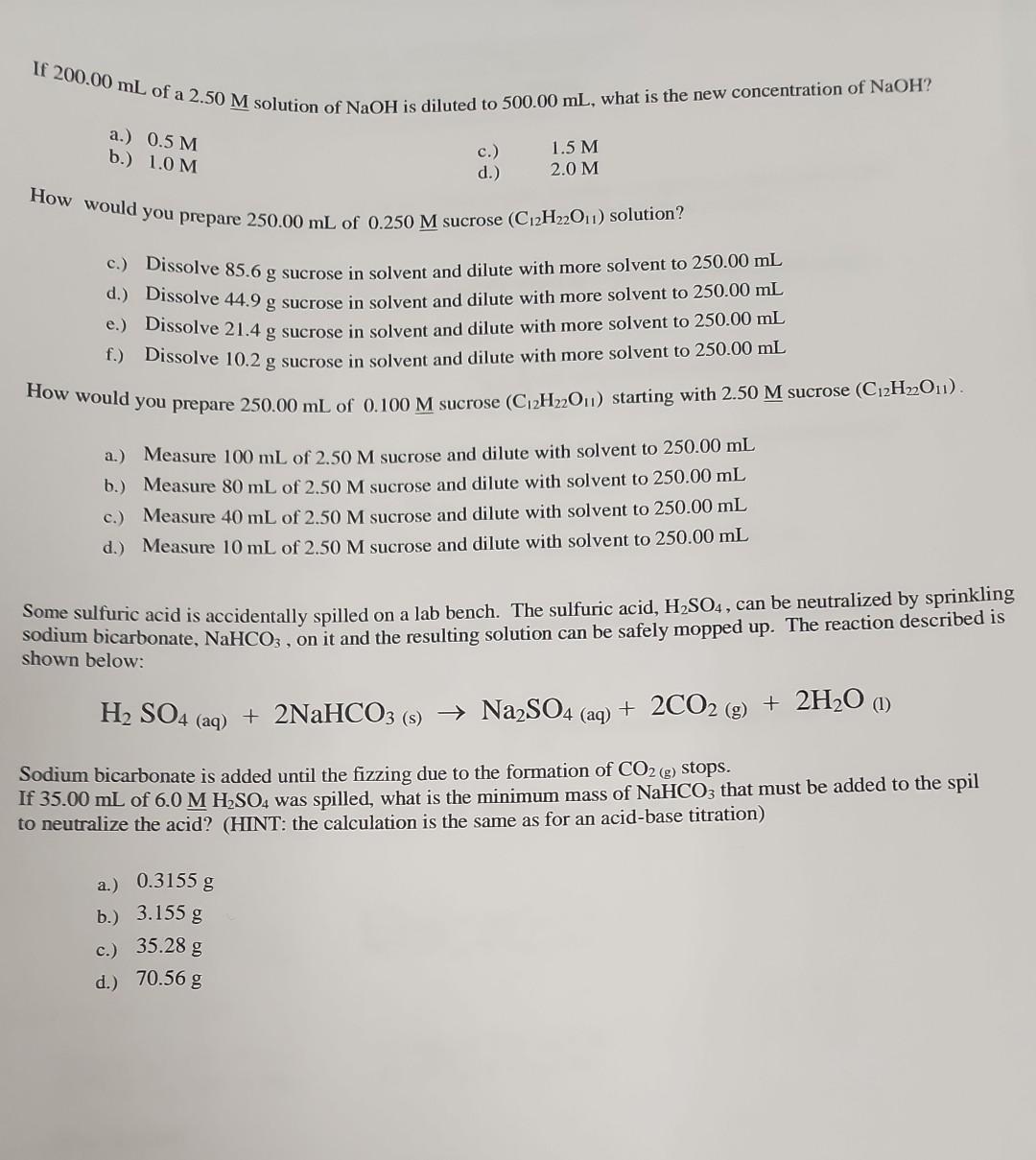 Solved If 200.00 mL of a 2.50M solution of NaOH is diluted | Chegg.com