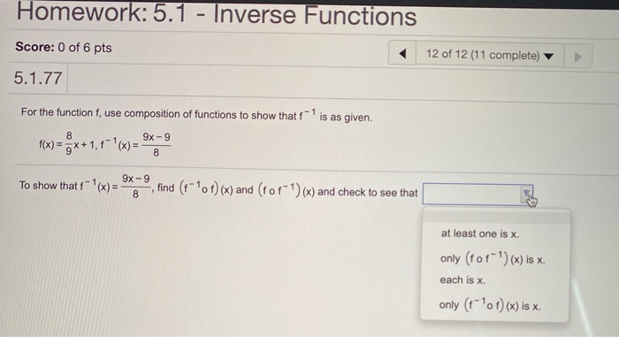 Solved Homework: 5.1 - Inverse Functions Score: 0 of 6 pts | Chegg.com