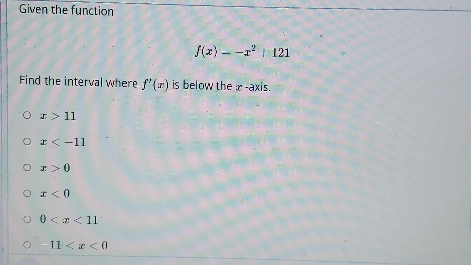 Solved Given the function f(x)=−x2+121 Find the interval | Chegg.com
