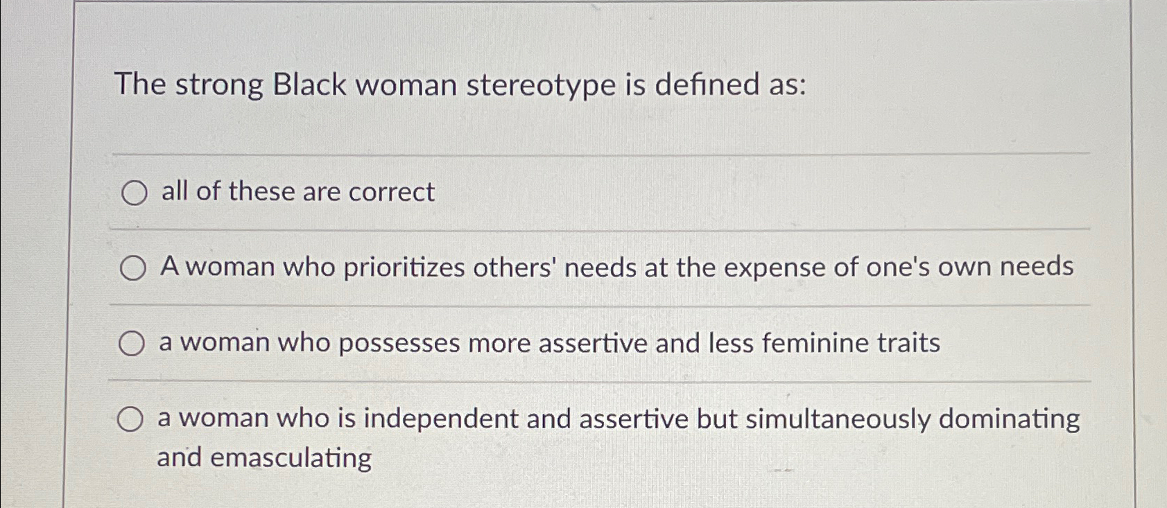 Solved The strong Black woman stereotype is defined as:all | Chegg.com
