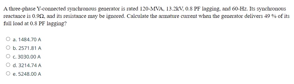 Solved A three-phase Y-connected synchronous generator is | Chegg.com
